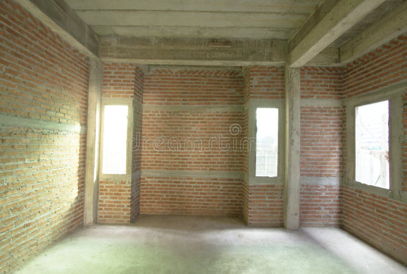 Empty Room with Brick Wall of House Under Construction Stock Photo ...