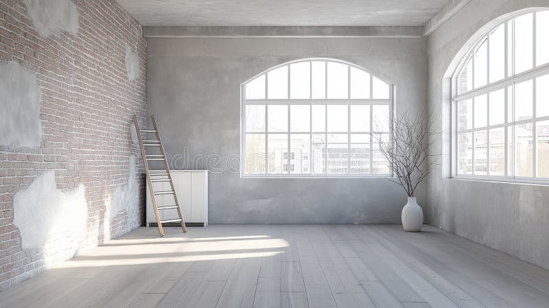 Empty Room with a Brick Wall on the Left Side and a Wooden Floor on the ...