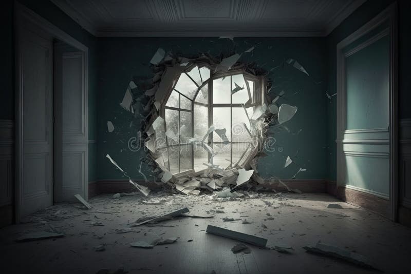 Empty Room, with Broken Window and Shattered Glass on the Floor Stock ...