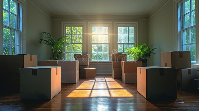 An Empty Room with Cardboard Boxes on the Floor. AI Generated. Stock ...