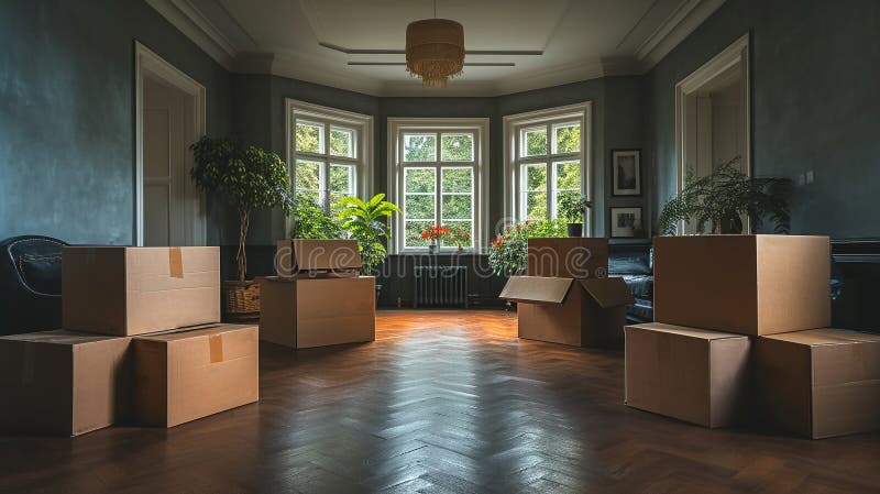 An Empty Room with Cardboard Boxes on the Floor. AI Generated. Stock ...