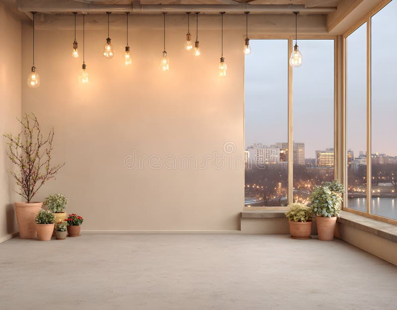 Empty Room with City View and Warm Lighting Stock Illustration ...