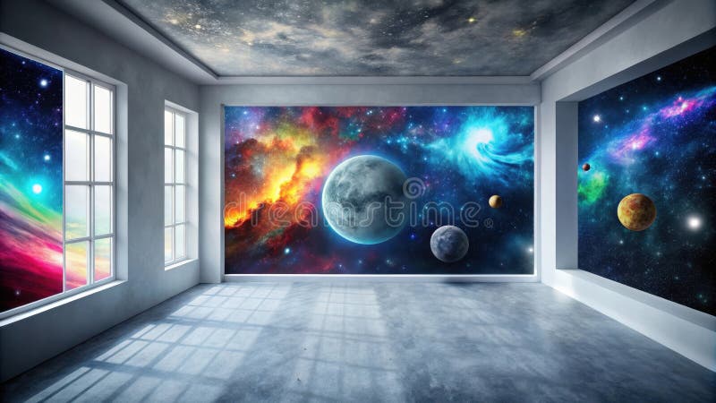 Empty Room with Cosmic Mural Featuring Planets and Nebulae. Generative ...