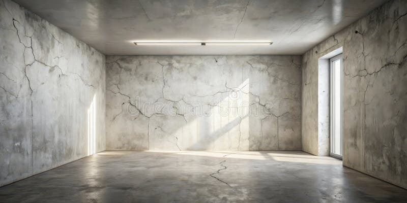 Empty Room with Cracked Concrete Walls and Floor, Sunlit Window ...