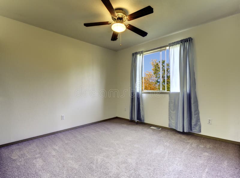 Empty Room with Curtains, Grey Carpet and Fan. Stock Image - Image of ...