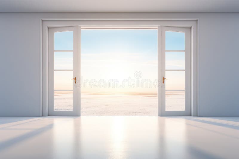 Empty Room with Glass Walls and Open Door. Bright Light Behind the Open ... Empty Room with Glass Walls and Open Door. Bright Light Behind the Open ...