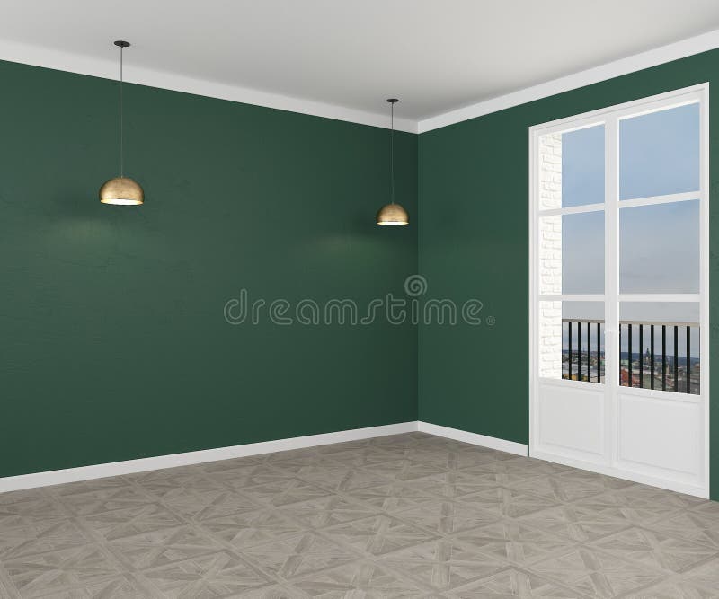 An Empty Room with Green Walls and Two Lamps. Side View. 3D Rendering ...