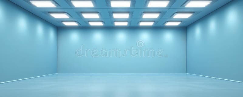 Empty Room, Grid Ceiling Lights, Blue Interior, 3D Render, Minimalist ...