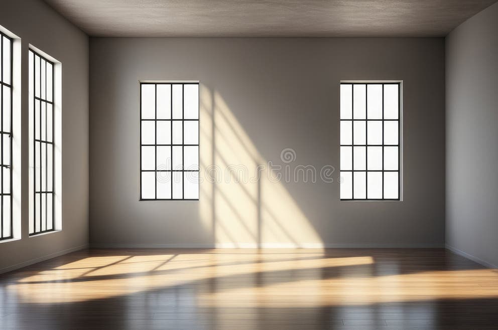 Empty Room with Hardwood Floor and Sunlight Shadows through Windows ...