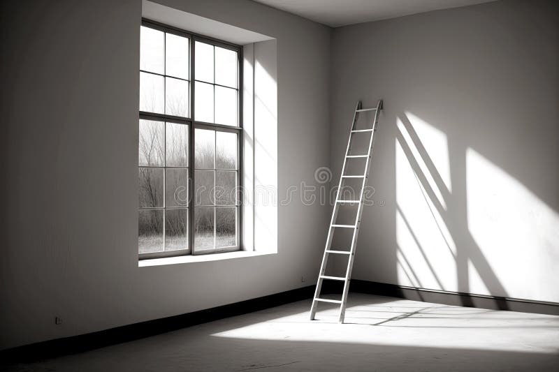 Empty Room in House with Windows and Step Ladder Against Wall Stock ...