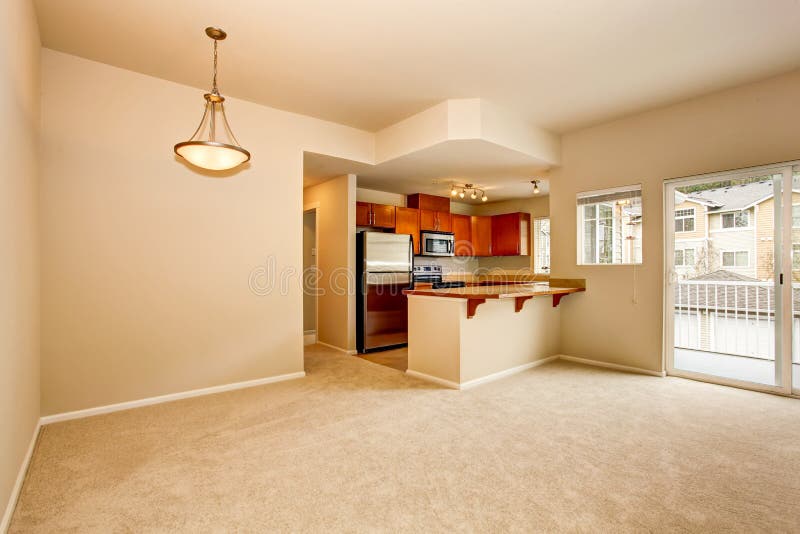 Empty Room Interior Carpet Floor Connected To Kitchen Area Stock Photos ...