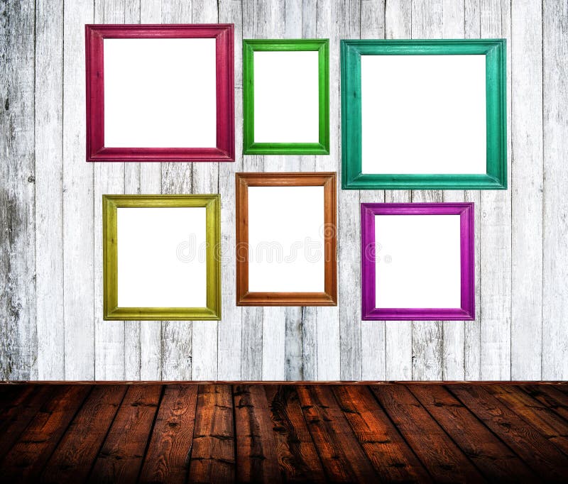 Empty Room Interior with Colorful Picture Frames Stock Photo - Image of ...