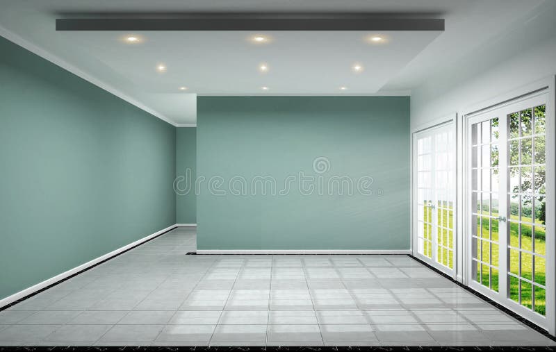 Empty Room Interior Design Has Mint Wall on Tile Design 3D Rendering ...