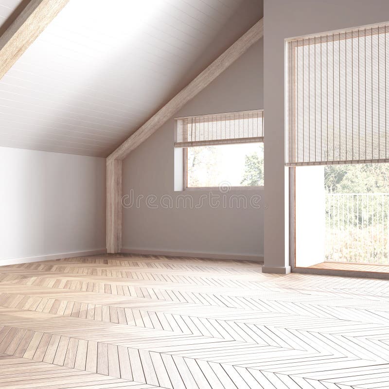 Empty Room Interior Design, Open Space with Parquet Floor, Bleached ...