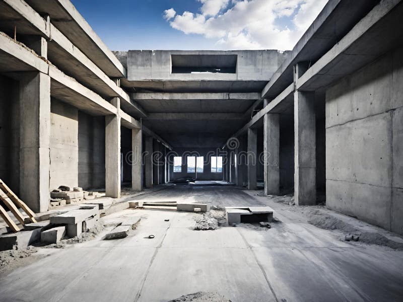 Empty Room Interior with a Large Concrete Building Under Construction ...