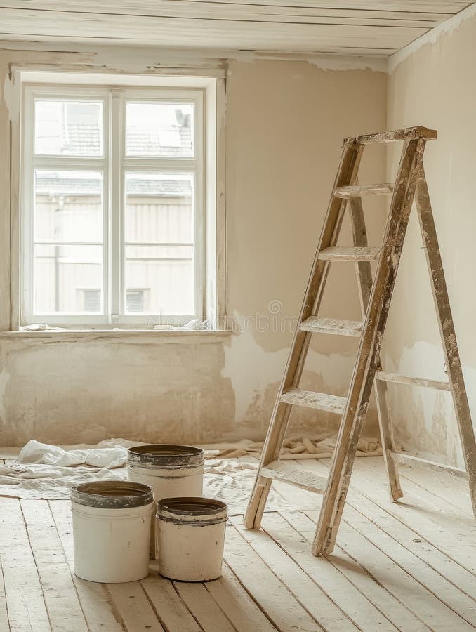 Empty Room with Ladder and Paint Buckets during Renovation. Stock Photo ...