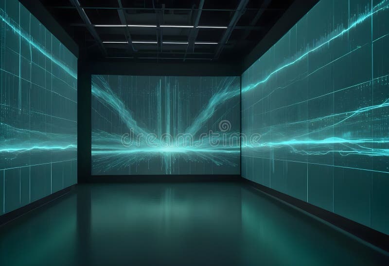 An Empty Room with Large Screens Displaying Abstract, Blue Visuals. the ...