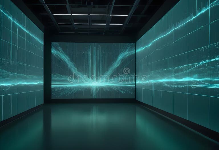 An Empty Room with Large Screens Displaying Abstract, Blue Visuals. the ...