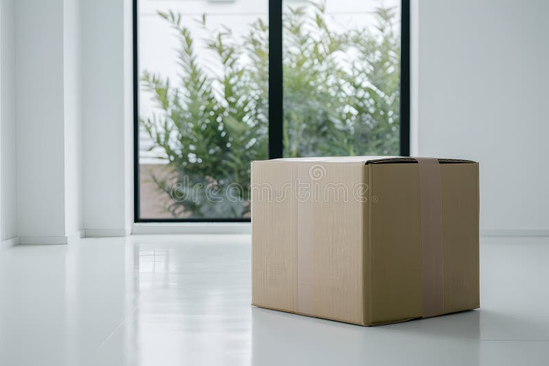 Empty Room with Large Window, Greenery Outside Closed Cardboard Box ...