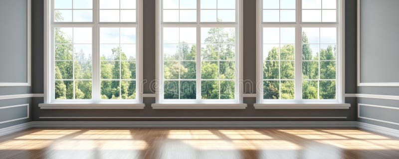 Empty Room with Large Windows, Forest View, 3D Render, Interior Design ...