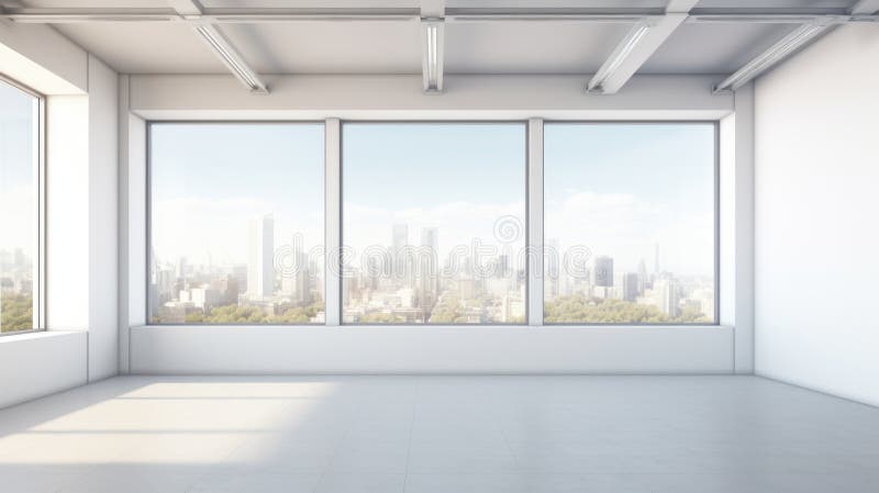An Empty Room with Large Windows Overlooking a City Stock Illustration ...