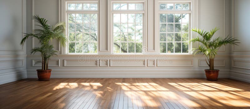 Empty Room with Large Windows and Plants Stock Illustration ...