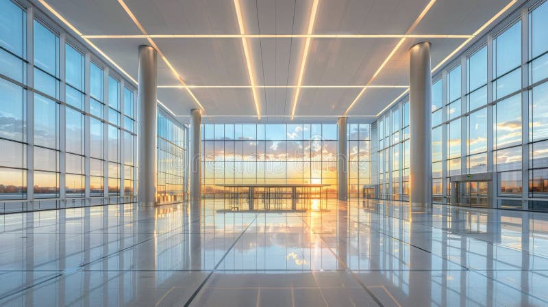 Empty Room with Large Windows and Sunset in Background Stock Image ...