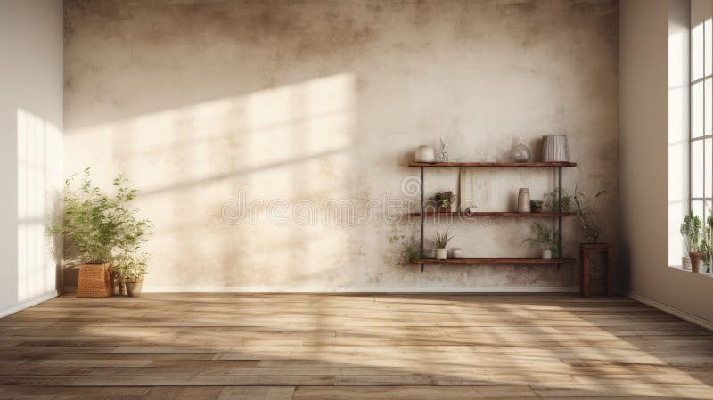 An Empty Room Made of Natural Materials with Plants Stock Illustration ...