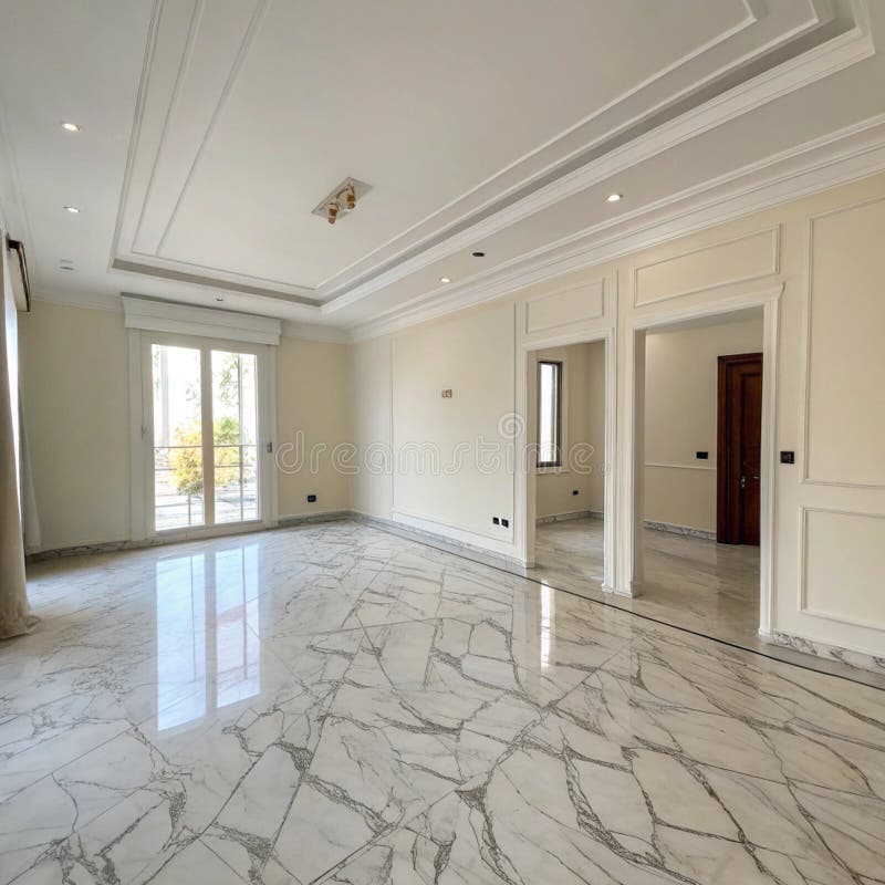 Empty Room with Marble Floor and White Wall Stock Illustration ...