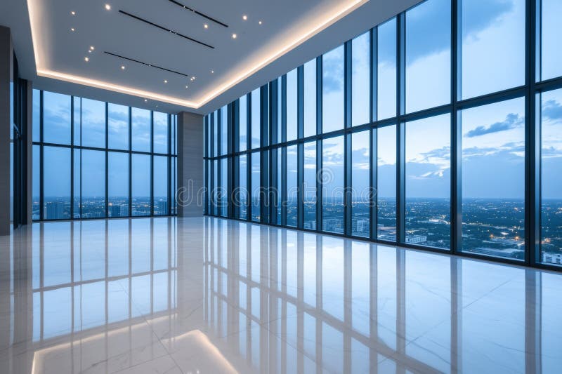 An Empty Room with a Modern Aesthetic and a Panoramic View of the City ...