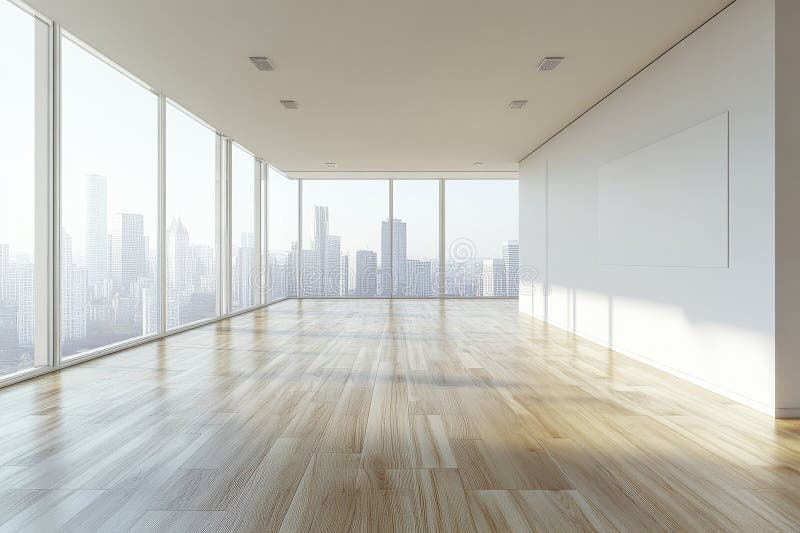 Empty Room in Modern Apartment, Skyscrapers Visible through Panoramic ...
