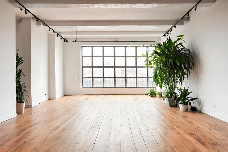 Empty Room of Modern Contemporary Loft with Plants on Wooden Floor ...