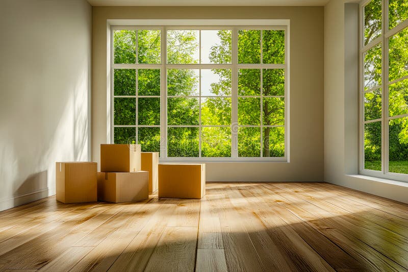 Empty Room with Moving Boxes and Large Windows Stock Illustration ...