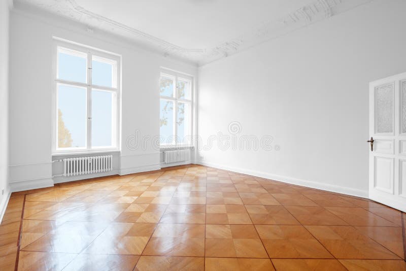 Empty Room, New Flat Old Building Wooden Floor and Stucco Stock Photo ...