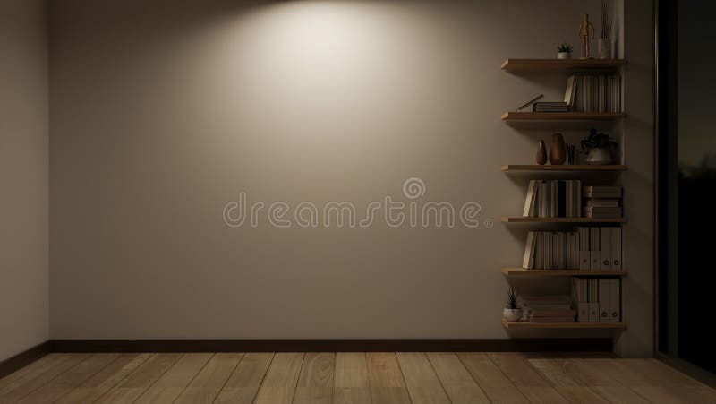 An Empty Room at Night with a Bookshelf, a Dim Light on an Empty Wall ...