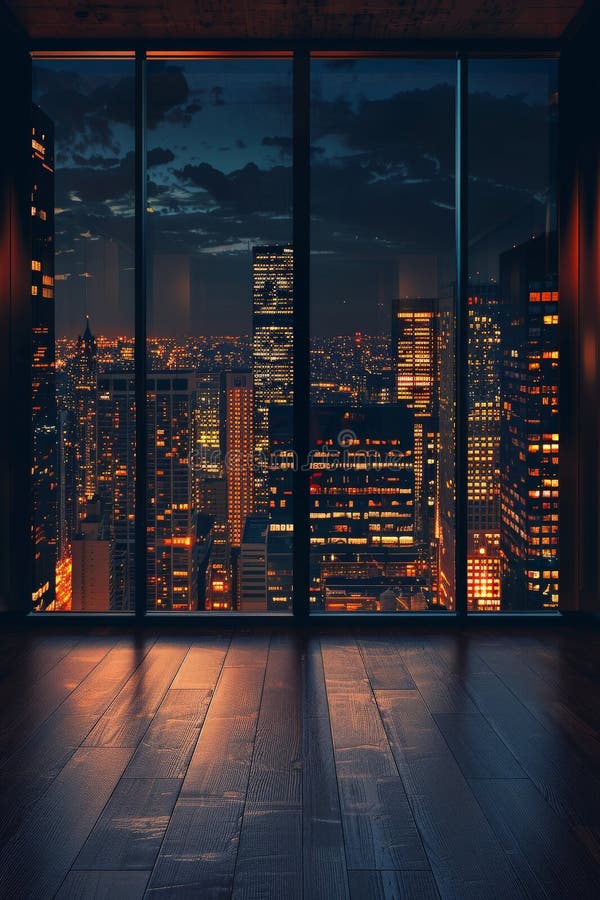 Empty Room with a Night City View Stock Illustration - Illustration of ...