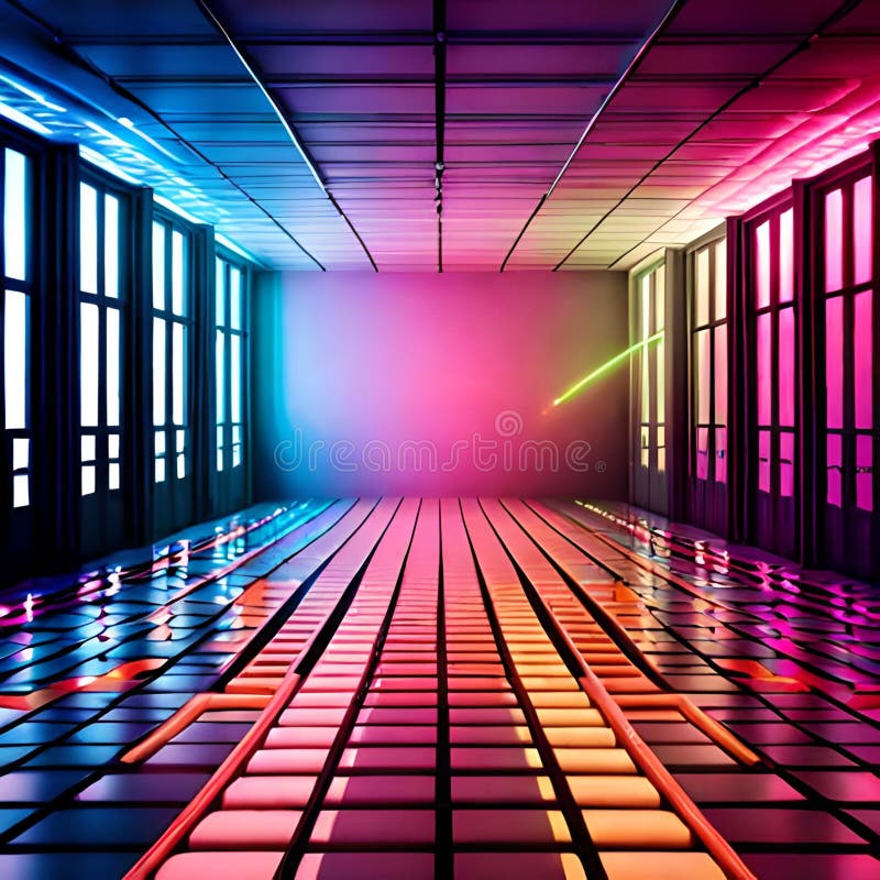 Empty Room Object with Brick Wall and Neon Lights, Laser Lines and ...