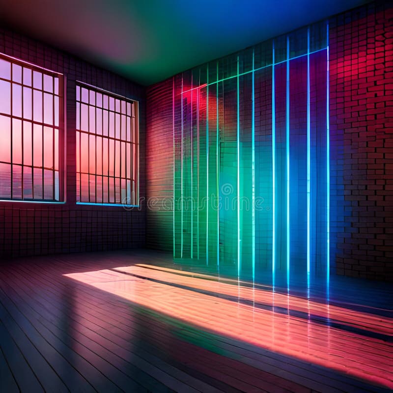 Empty Room Object with Brick Wall and Neon Lights, Laser Lines and ...