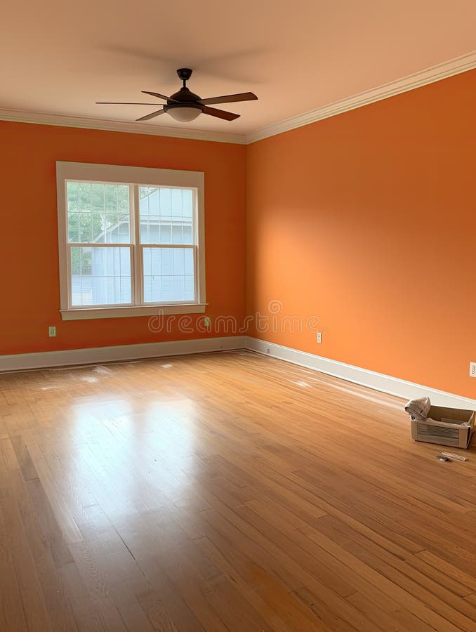 An Empty Room with an Orange Wall and a Ceiling Fan Stock Illustration ...
