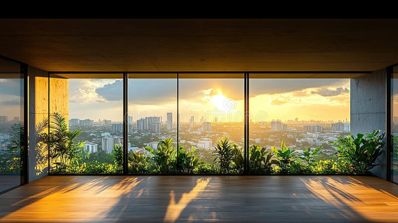 Empty Room with Panoramic City Sunset View Stock Image - Image of ...