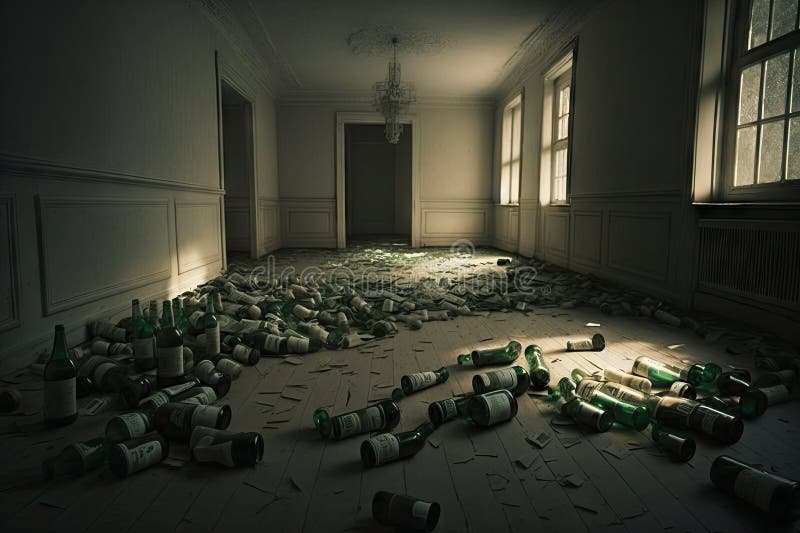 Empty Room after Party with Piles of Empty Bottles on Floor Stock ...