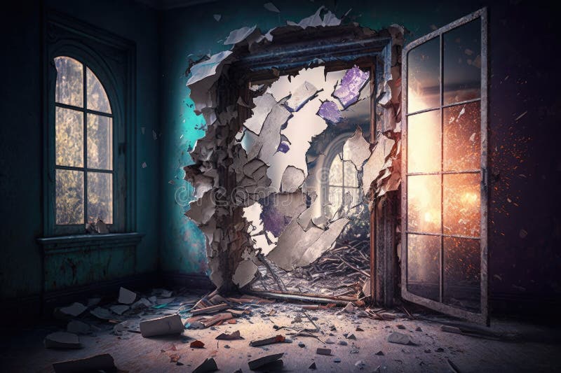 Empty Room after Party in Ruins with Broken Glass Windows Stock ...