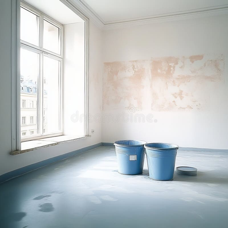 Empty Room, Peeling Paint, Two Blue Buckets, Renovation Concept ...