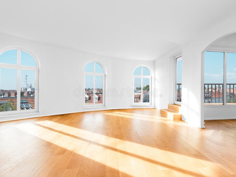 Empty Room in Penthouse Apartment Flat with Wooden Floor Stock Photo ...