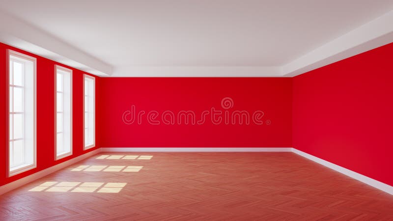 Empty Room with Red Walls, Three Windows, White Ceiling Cornice Stock ...