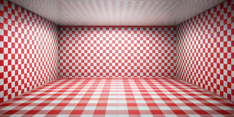 Empty Room with Red and White Checkered Floor and Walls, Dotted Ceiling ...