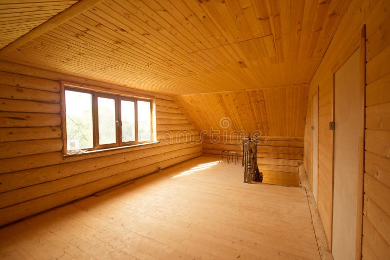 Empty Room with Rustic Timber Ceiling and Skylights Stock Photo - Image ...