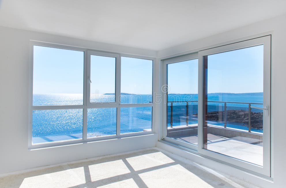 Empty room with sea view stock photo. Image of hall, design - 35144908