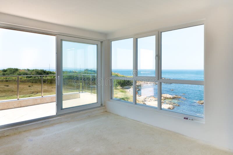 Empty room with sea view stock photo. Image of hall, design - 35144908
