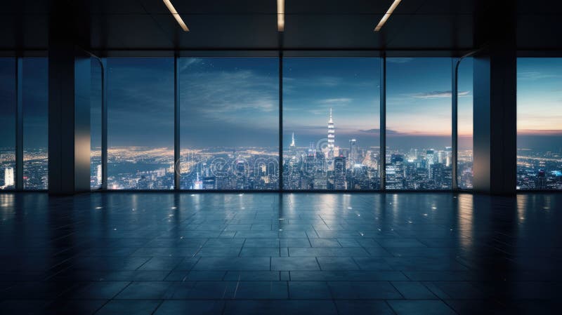An Empty Room in a Skyscraper and a View of the Night City. Beautiful ...